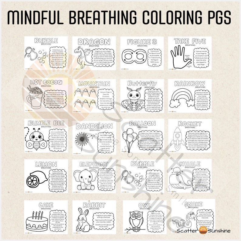 Breathing Mindfulness Coloring Pages - Coping Activity, Calming Corner ...