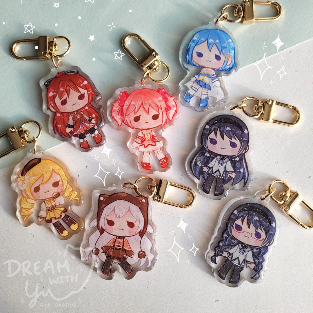 Chibi Madoka Magica, Glitter Epoxy Keychain, 2in, Magical Girl Keychain ...