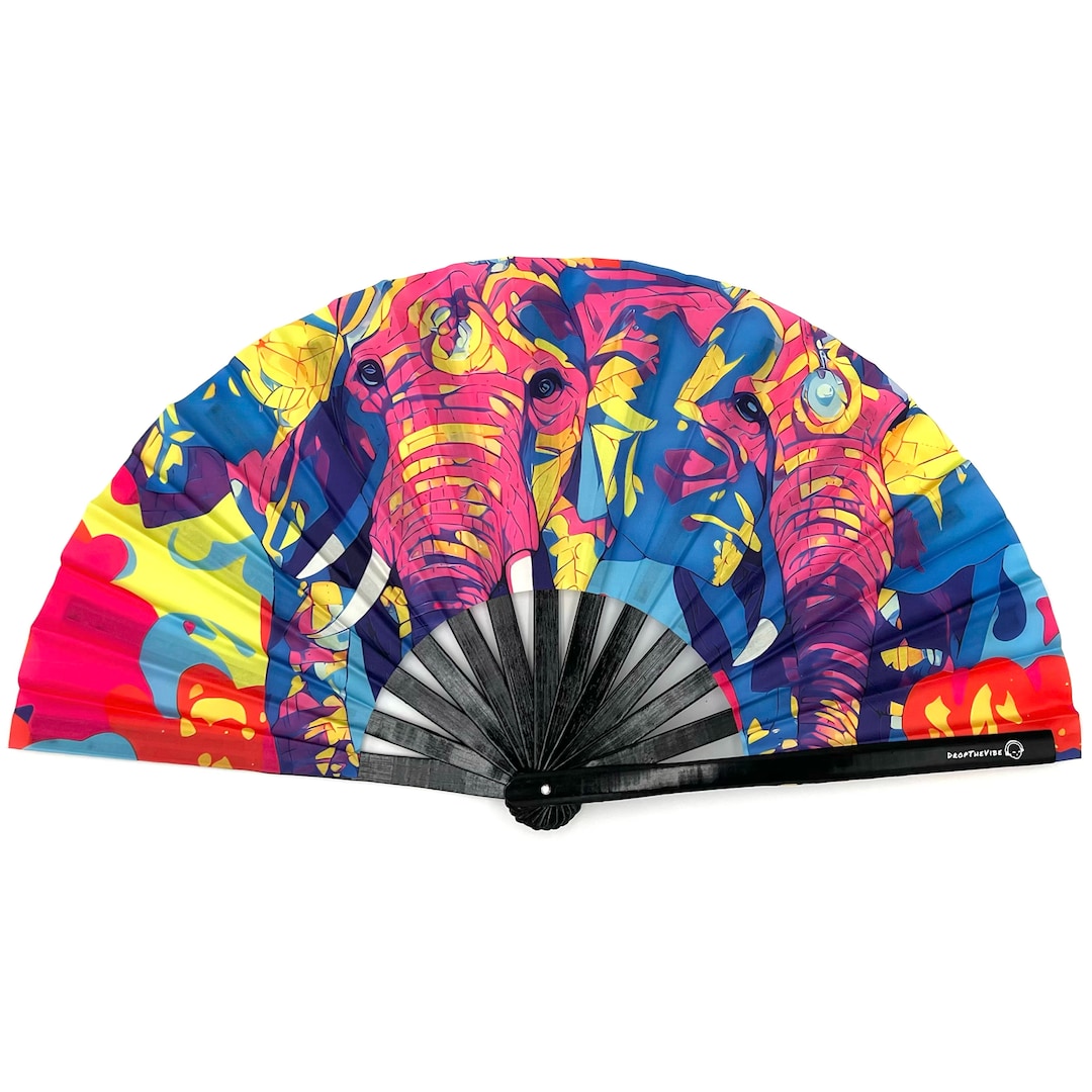 Trippy Elephant Hand Fan | Party & Rave Accessories | Festival Folding ...