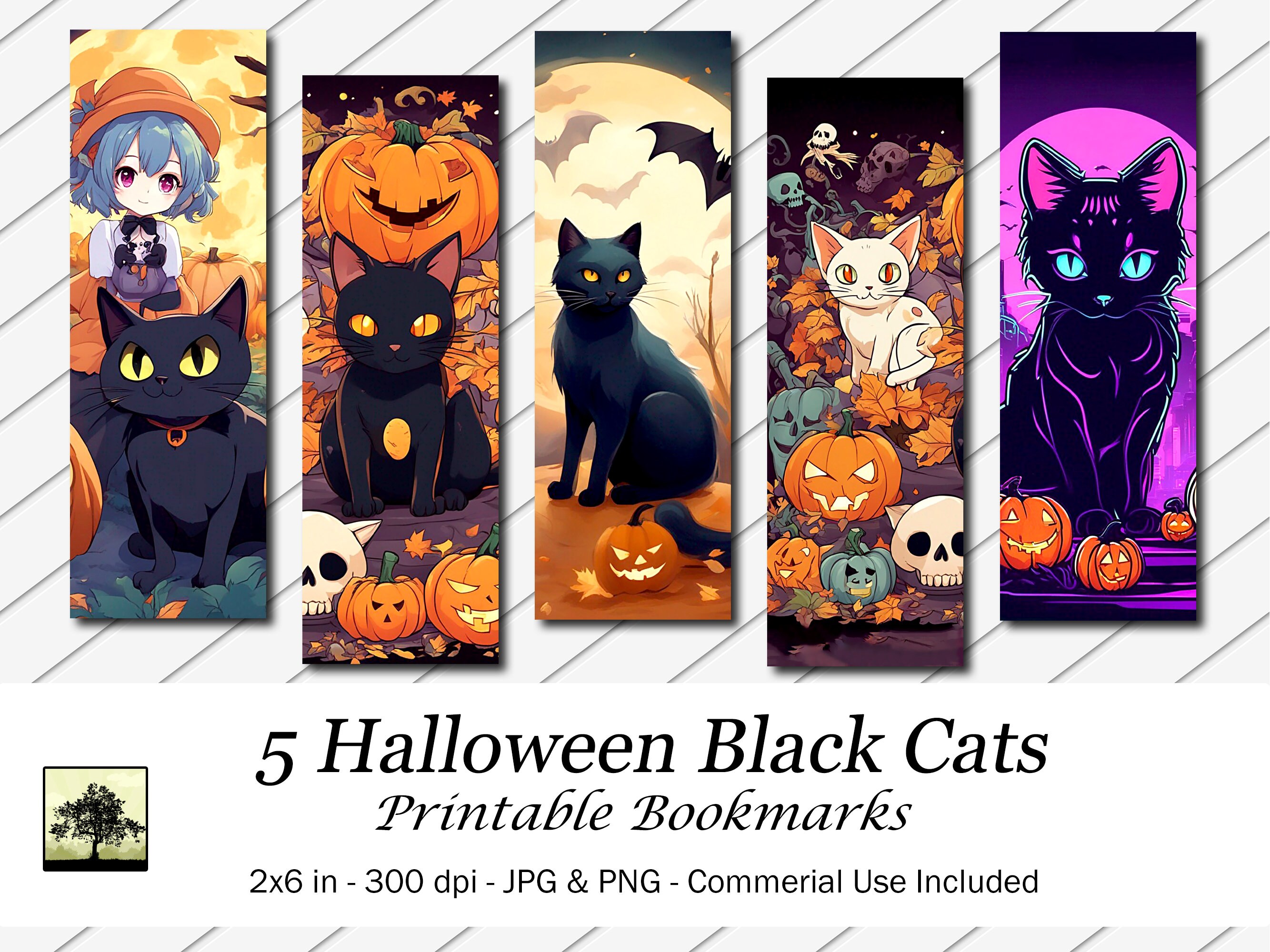 5 Black Cat Printable Bookmarks Sublimation Designs Halloween - Etsy