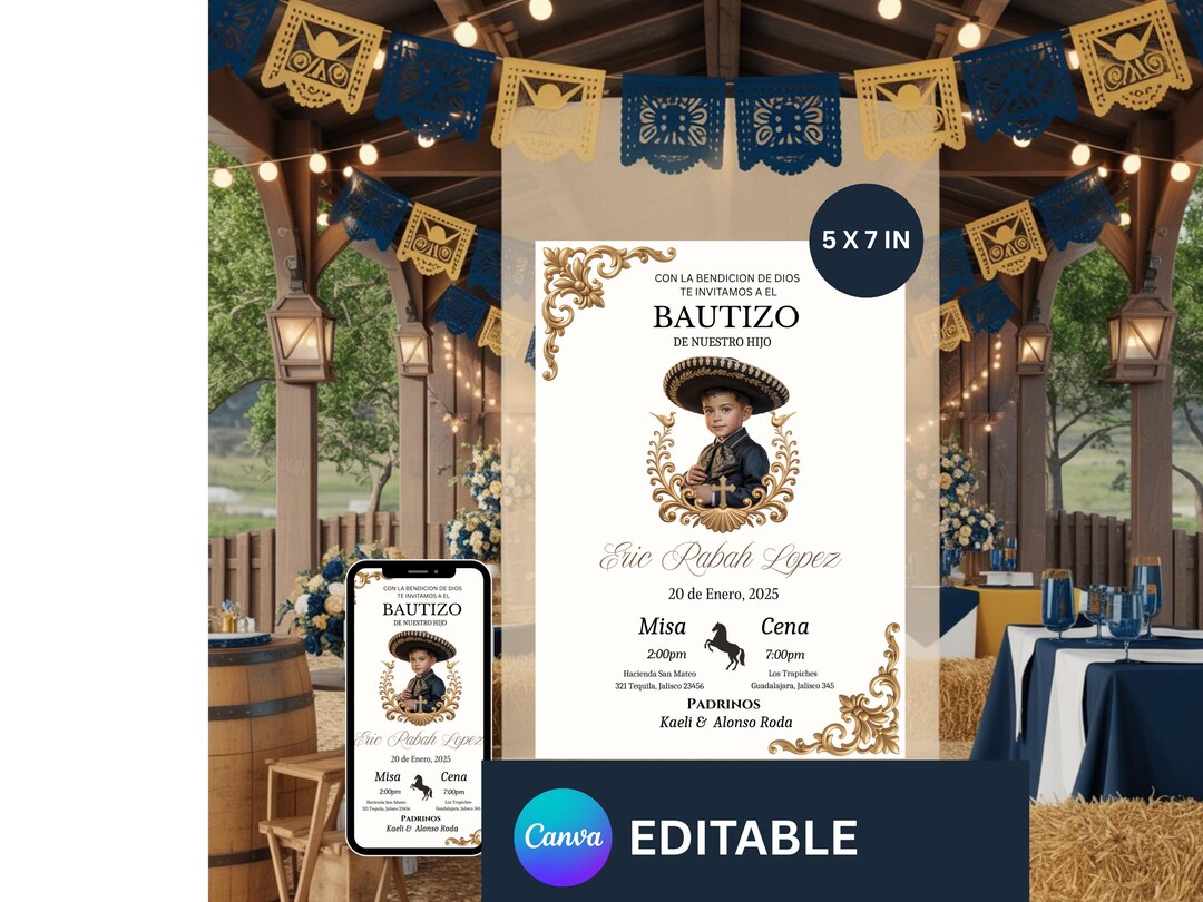 Charro Theme Navy & Gold Charro Baptism Invitation + Goodie Bag Sticker ...