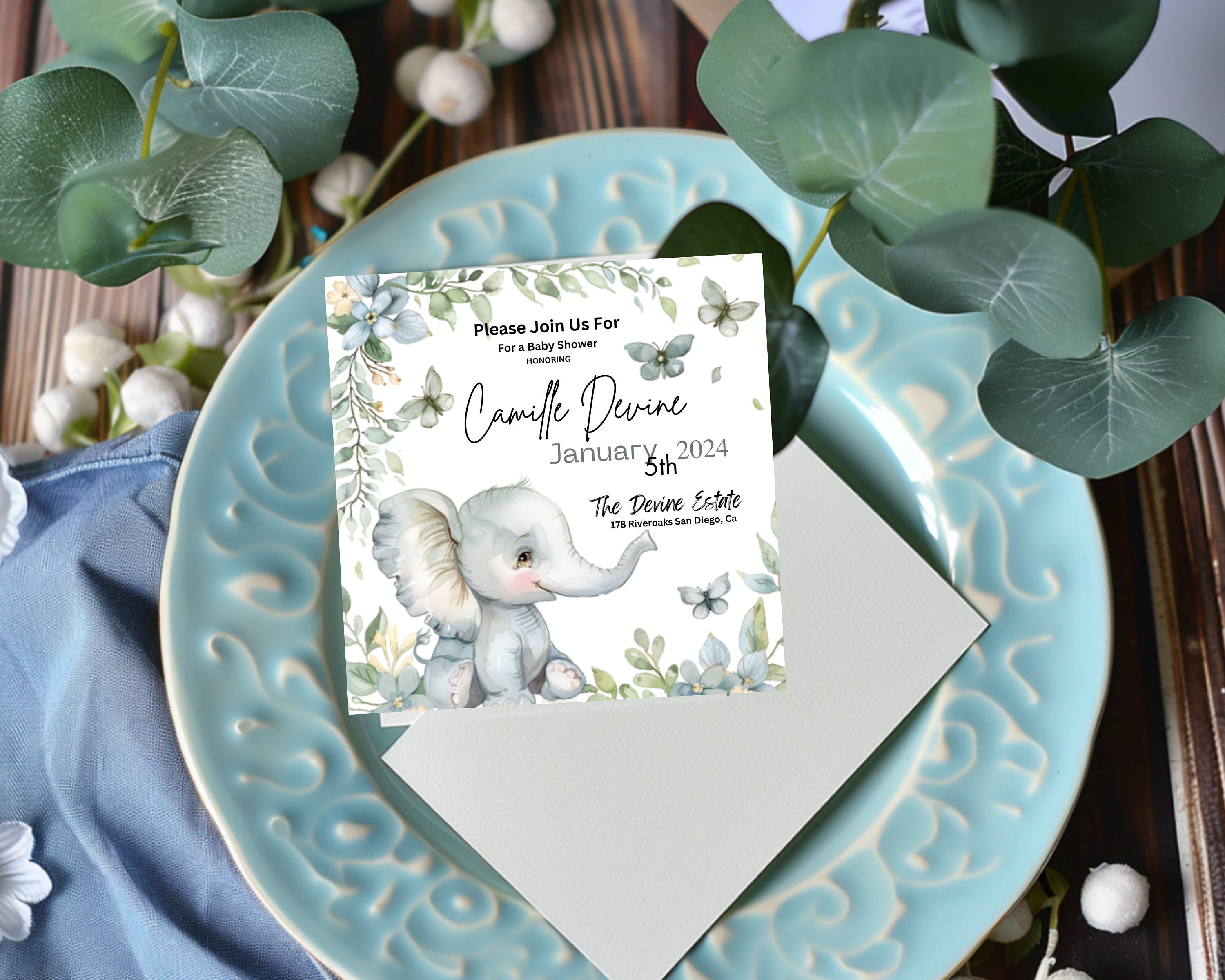 Elephant Baby Shower Invitation Template: Canva Editable (digital ...