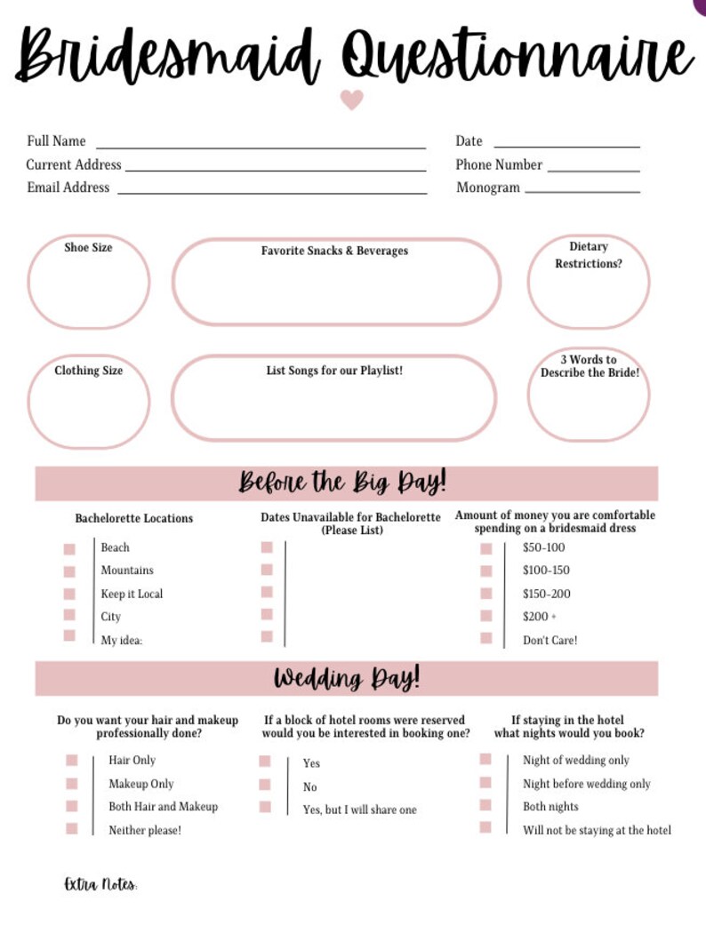 Bridesmaid Questionnaire Template for Wedding, Bridesmaid Survey ...