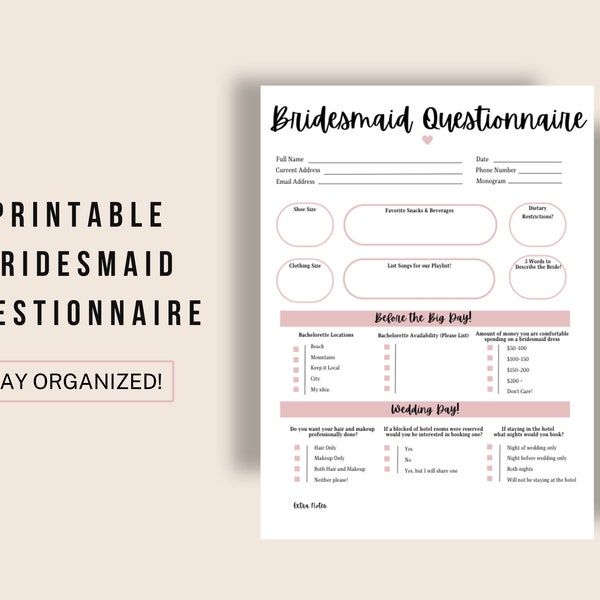 Bridesmaids Questionnaire - Etsy