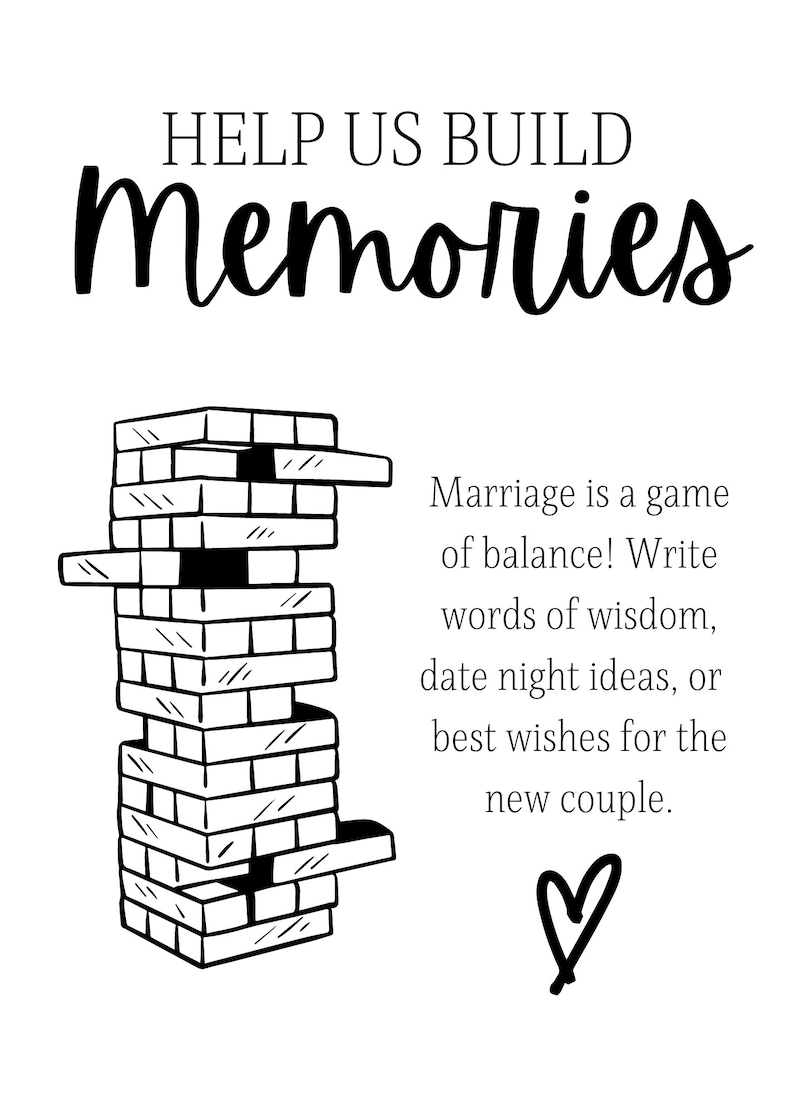 Printable Help Us Build Memories Game Sign, Jenga, Marriage is a Game ...