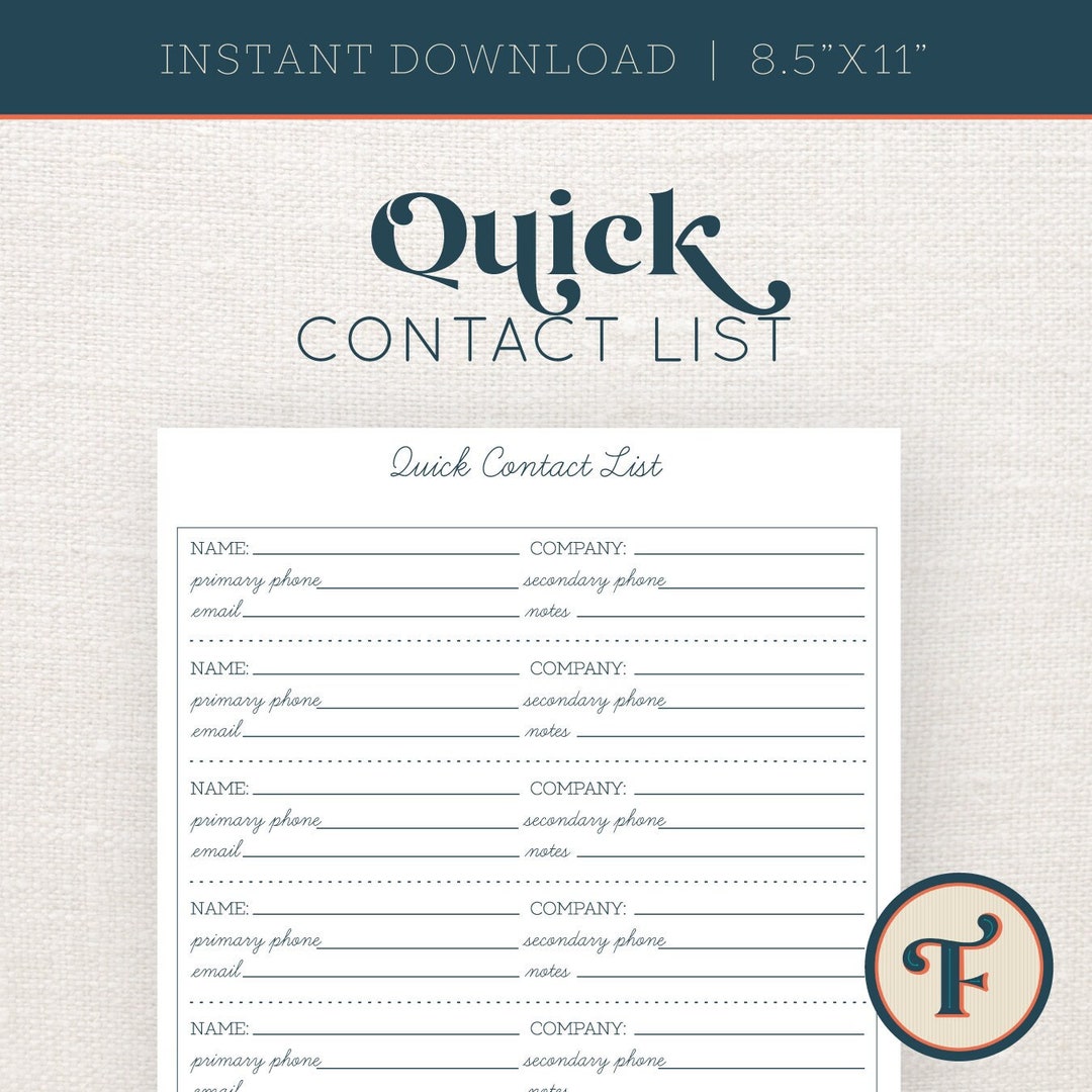 Quick Contact List, Address Book Chart, Emergency Contacts List ...