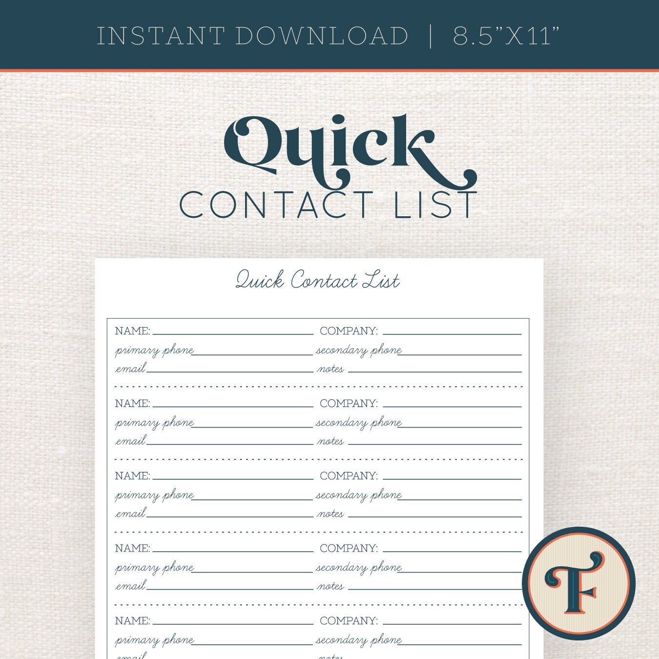 Quick Contact List, Address Book Chart, Emergency Contacts List ...