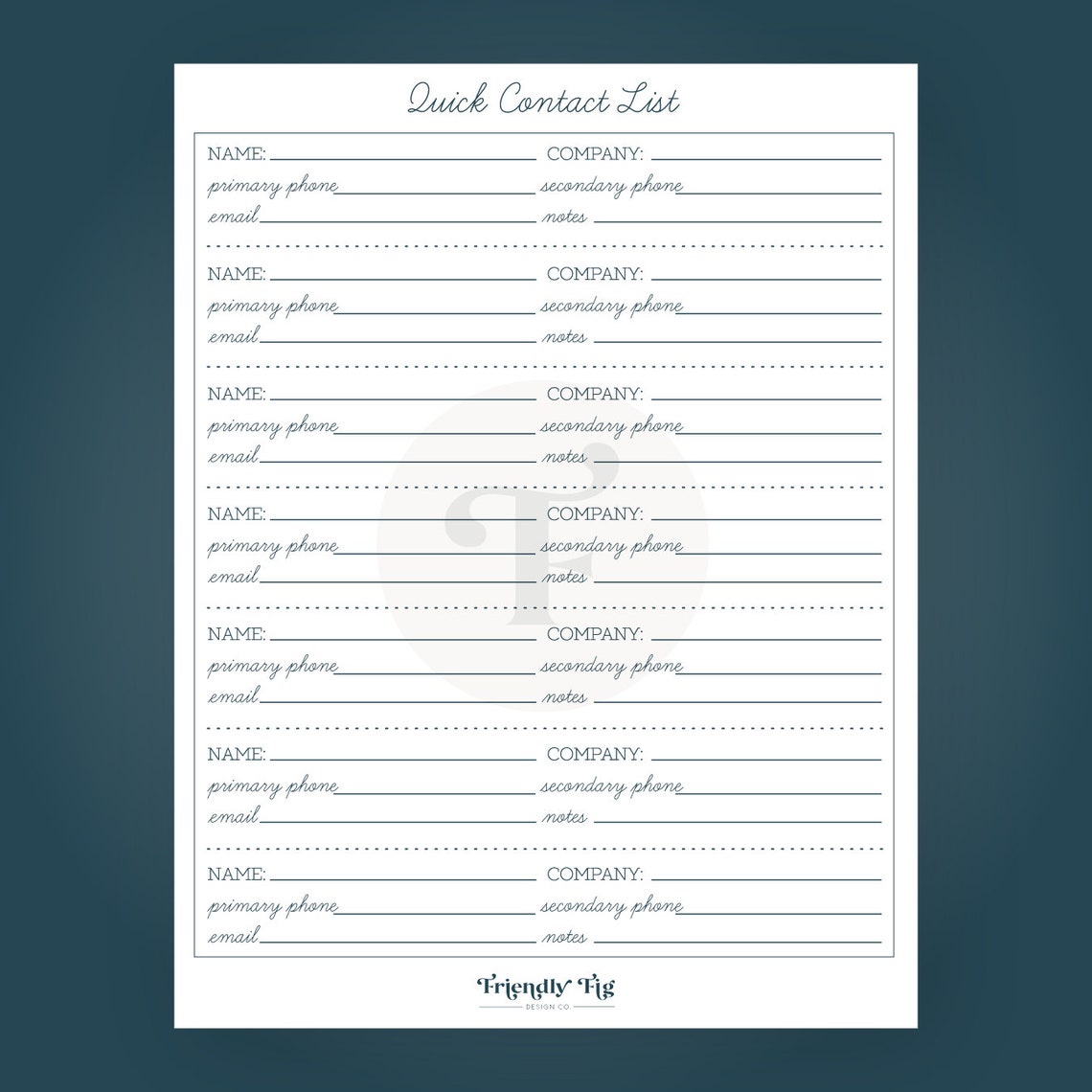 Quick Contact List, Address Book Chart, Emergency Contacts List INSTANT ...