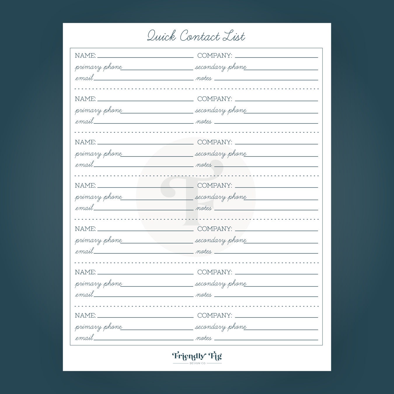 Quick Contact List, Address Book Chart, Emergency Contacts List ...