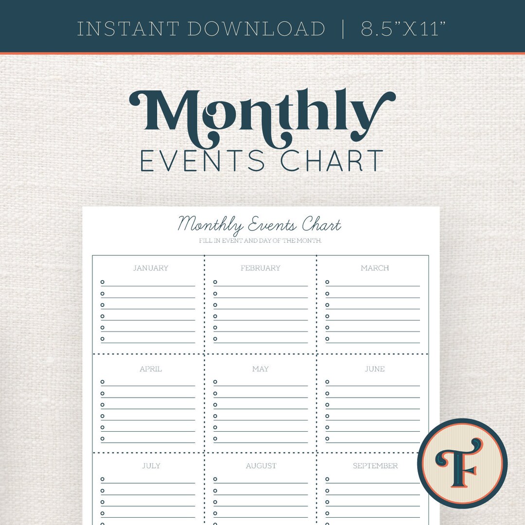 Monthly Events Chart, Monthly to Do List, Monthly Planner | INSTANT ...