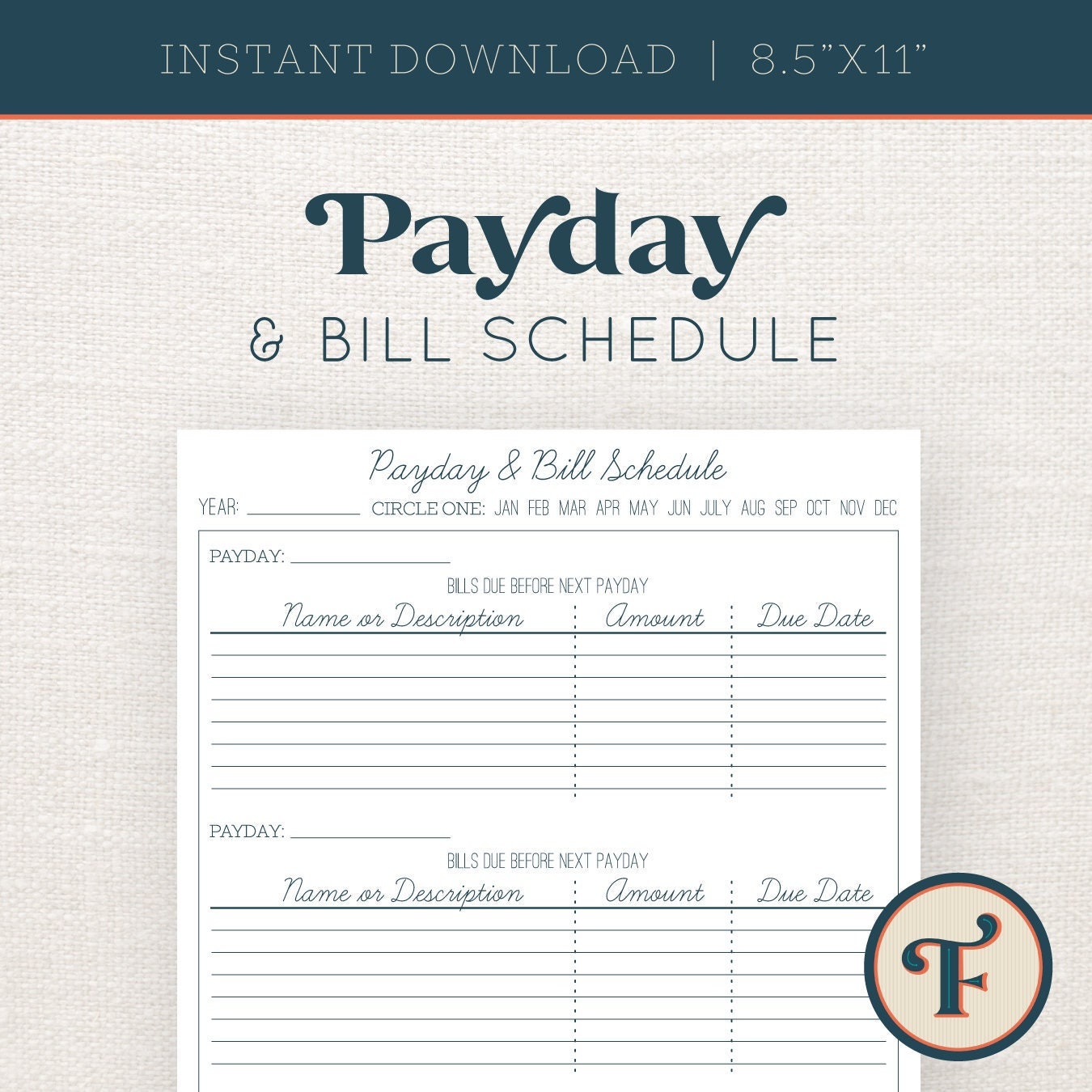 Payday & Bill Schedule, Weekly Bill Tracker, Monthly Bill Planner ...