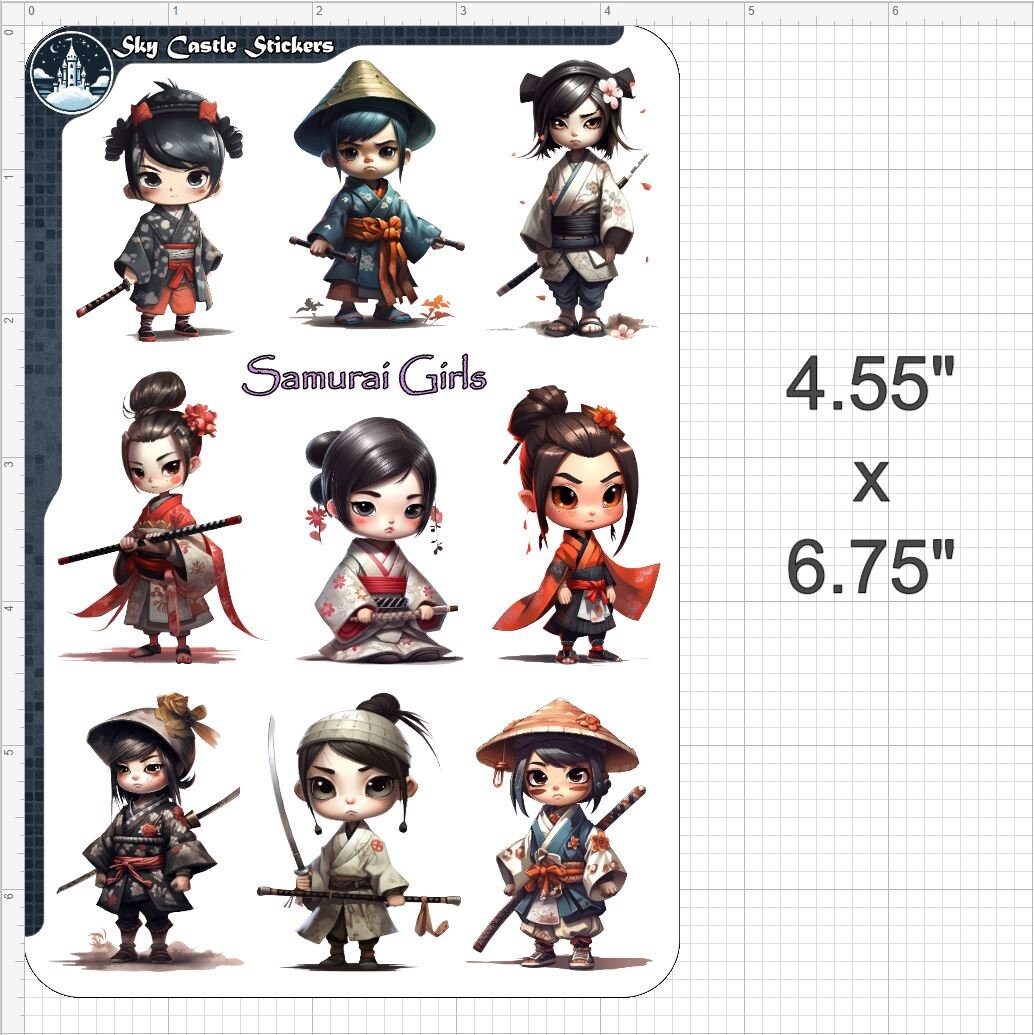 Samurai Girls Sticker Sheet, Cute Samurai Journal Stickers, Samurai ...