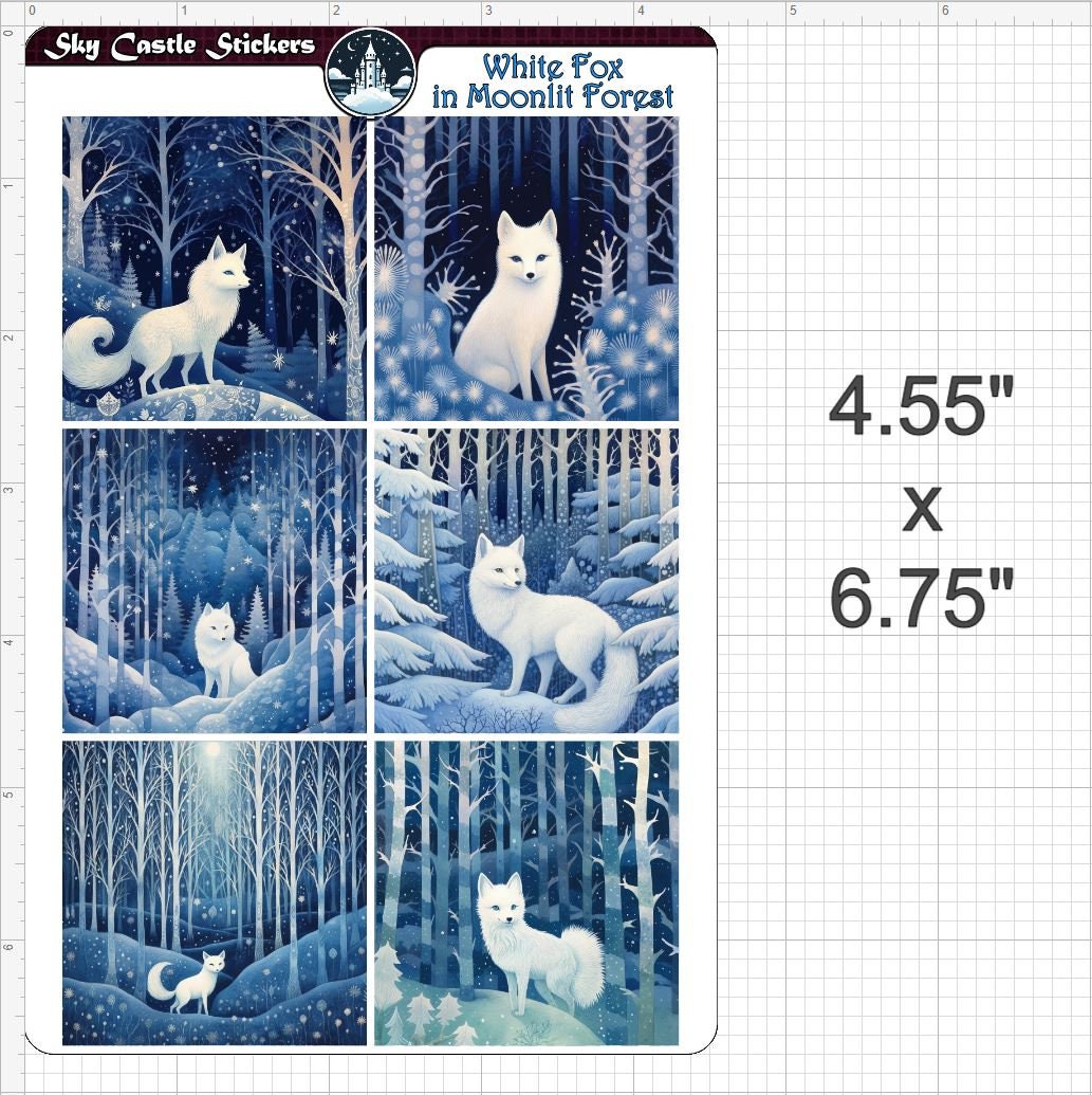 White Fox in Moonlit Forest Sticker Sheet, Beautiful White Fox ...