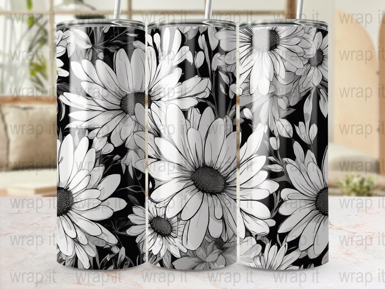 Daisies Black White Flowers Tumbler Wrap Digital Download Sublimation