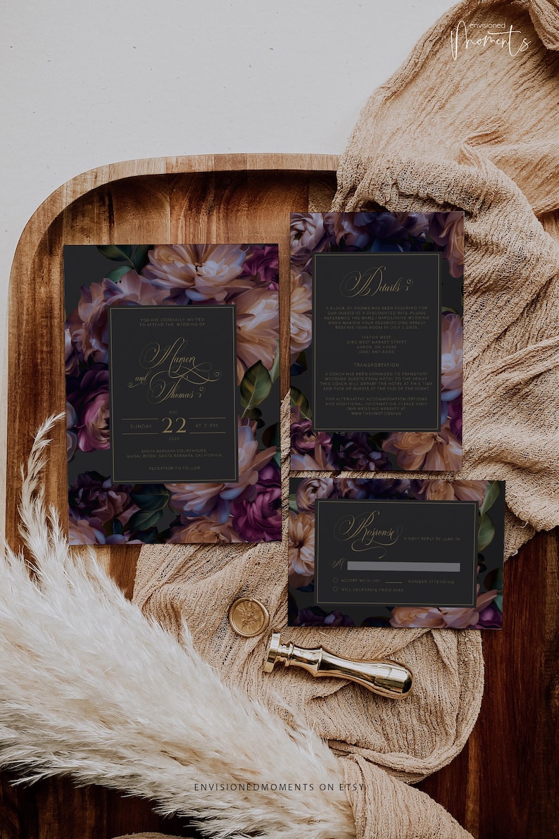 Black Wedding Invitation Template Moody Floral Wedding Invite Luxury Floral Wedding Invite ...