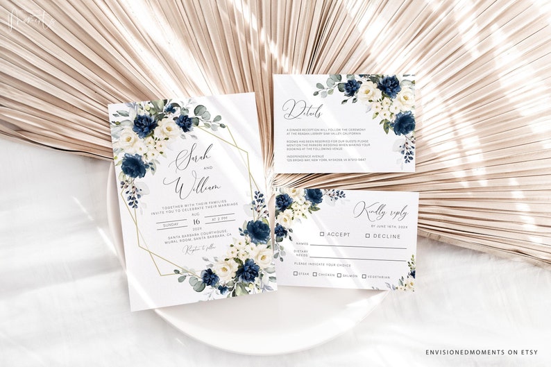 Wedding Invitation Suite Template Blue Navy Wedding Invite With Photo ...
