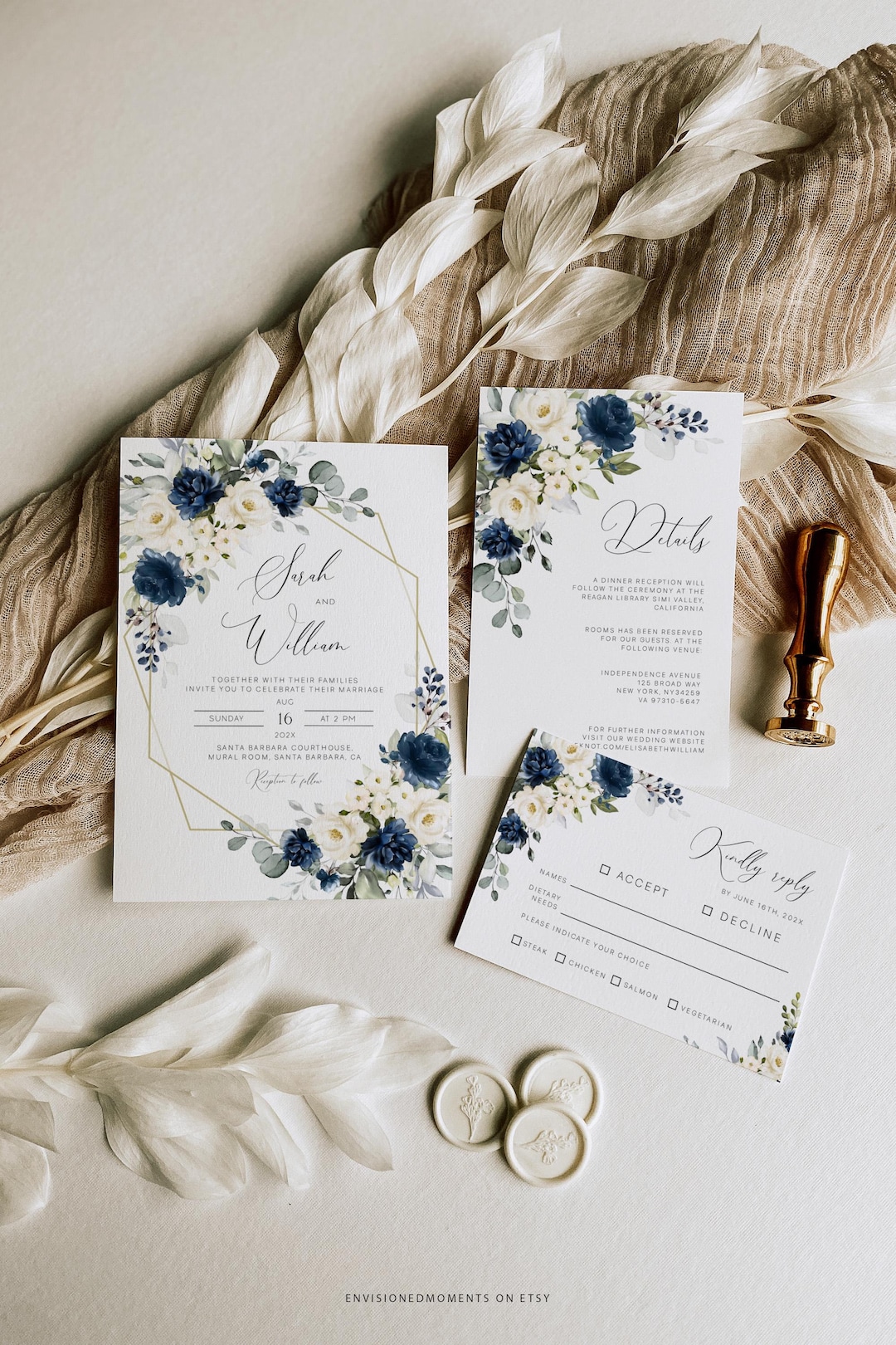 Wedding Invitation Suite Template Blue Navy Wedding Invite With Photo ...