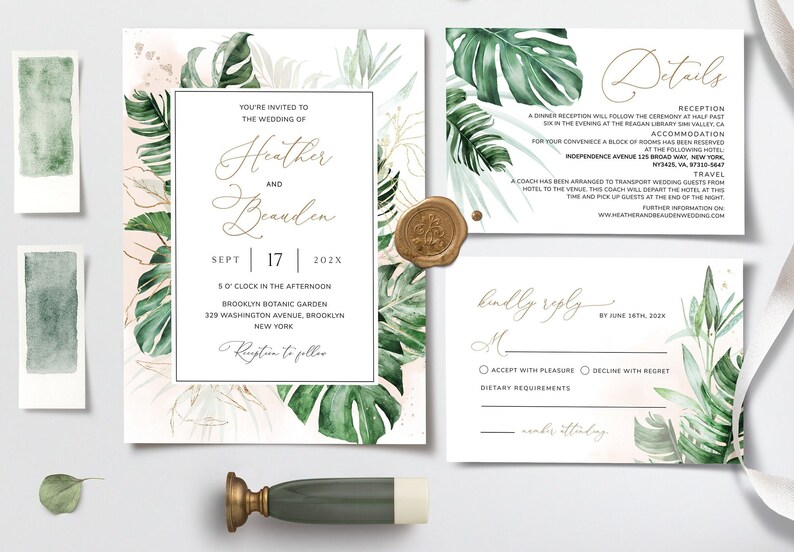 Monstera Wedding Invitation Suite Template Tropical Destination Wedding ...