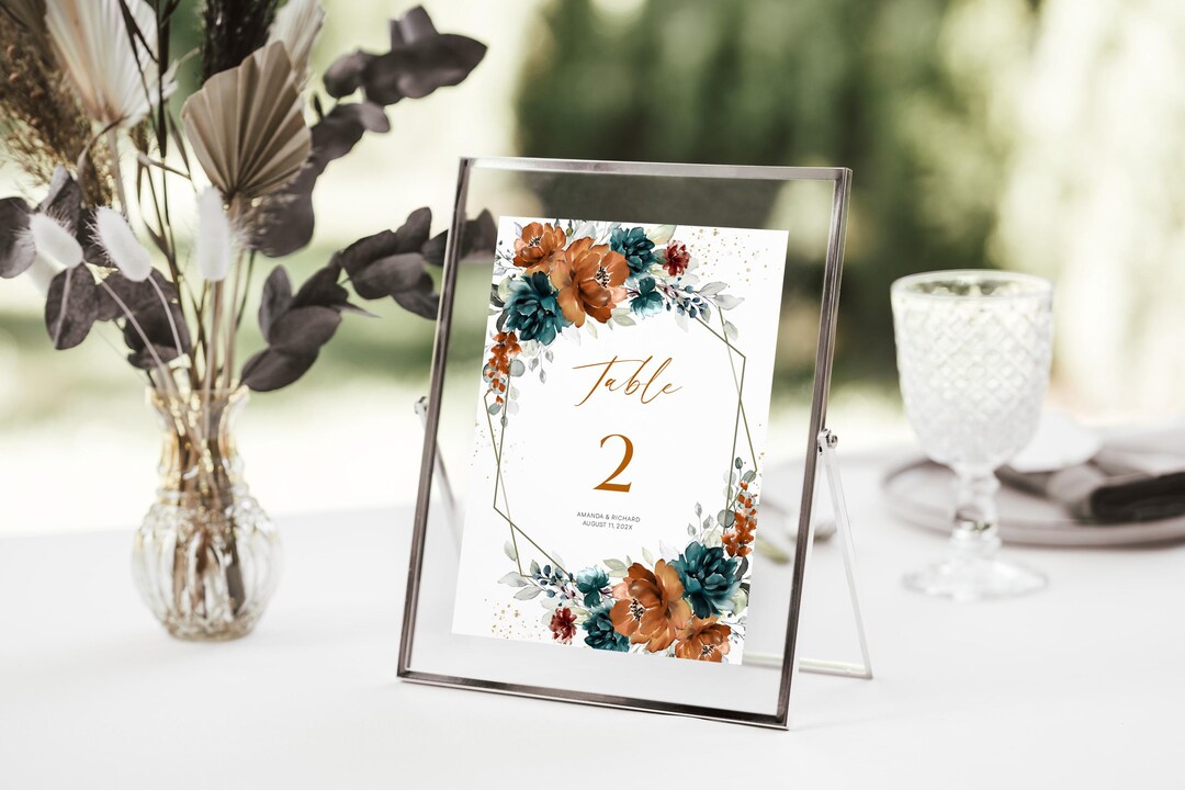 Burnt Teal Wedding Table Number Template, Orange Teal Wedding Table ...
