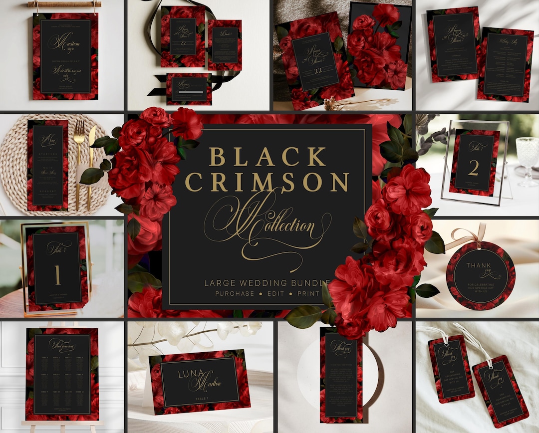 Red Moody Wedding Invitation Bundle: BLACK CRIMSON Collection (editable ...