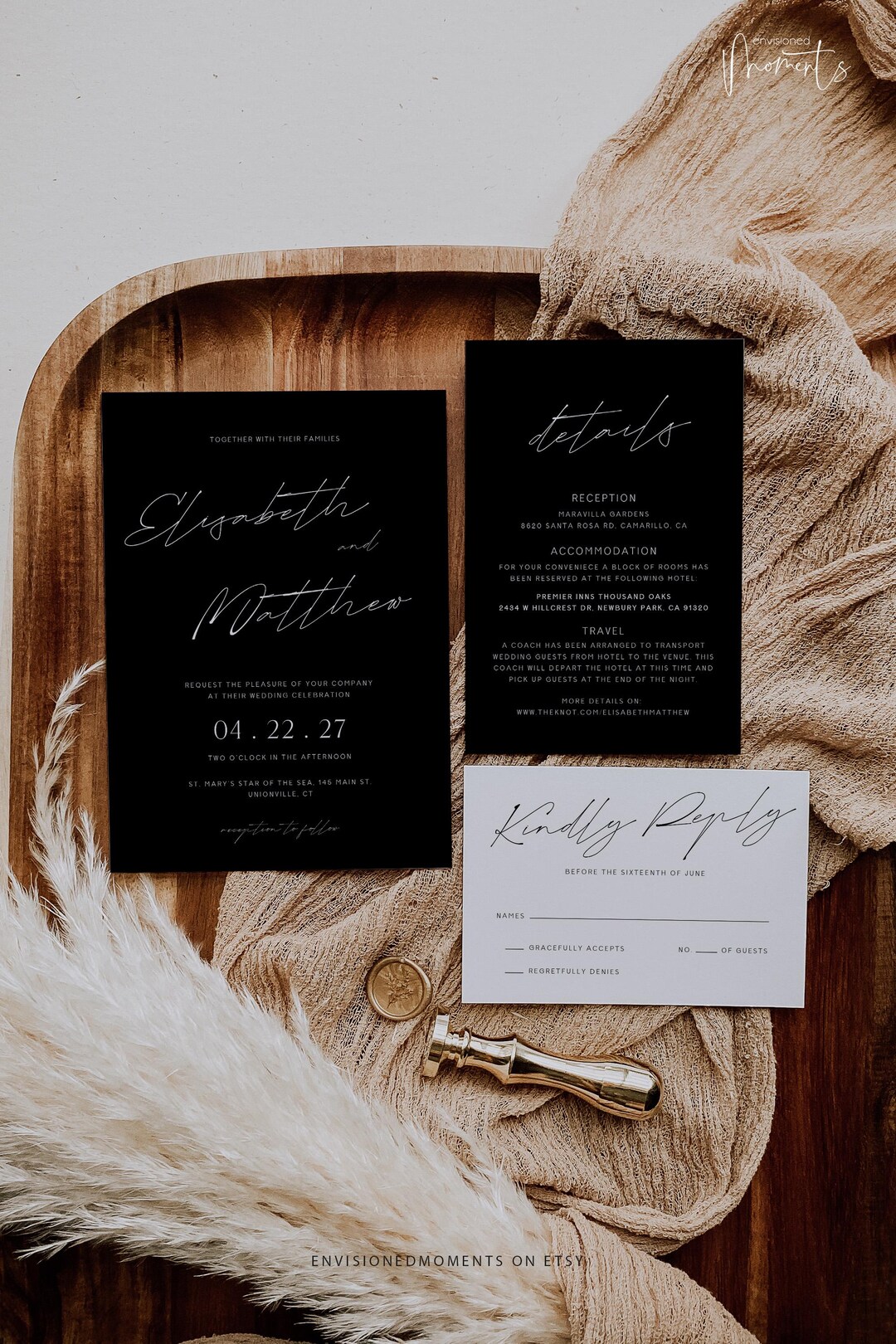 Sleek Black Wedding Invitation Template Set, Modern Minimalist Design ...