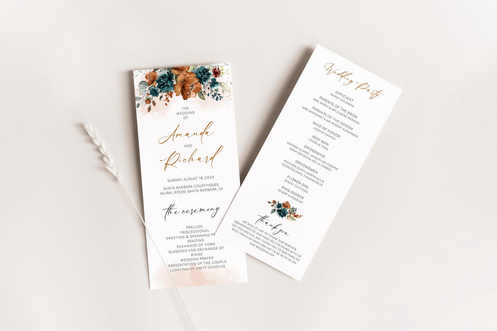 Burnt Teal Wedding Program Template, Orange Teal Wedding Program Orange Floral Program Template ...