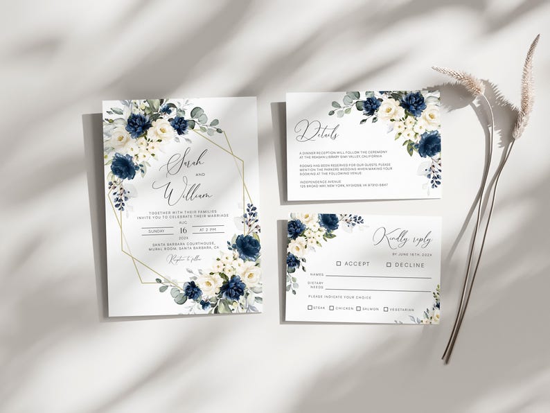 Wedding Invitation Suite Template Blue Navy Wedding Invite With Photo ...