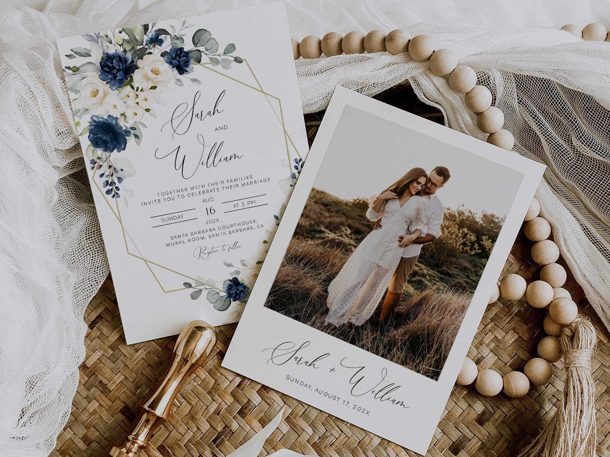 Wedding Invitation Suite Template Blue Navy Wedding Invite With Photo ...