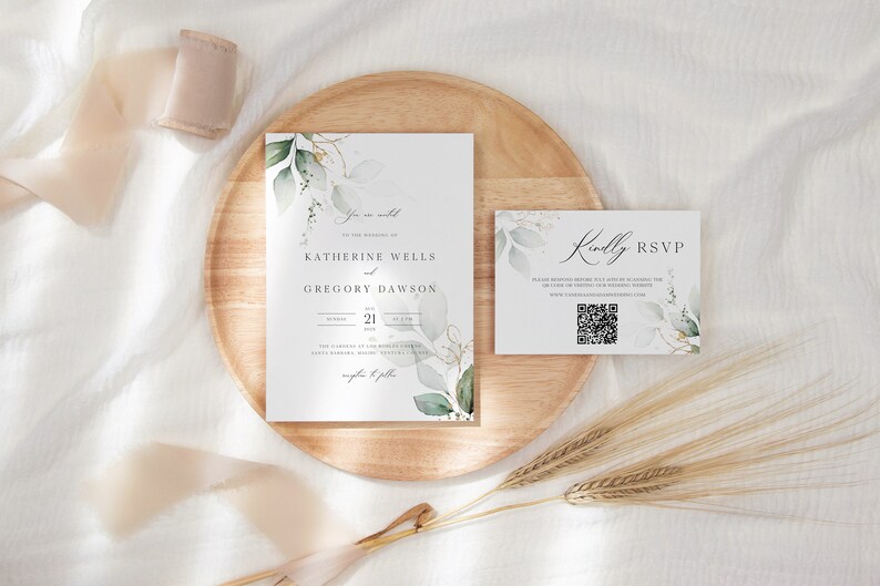 Greenery Wedding Invitation With QR Code, Editable Digital Download ...