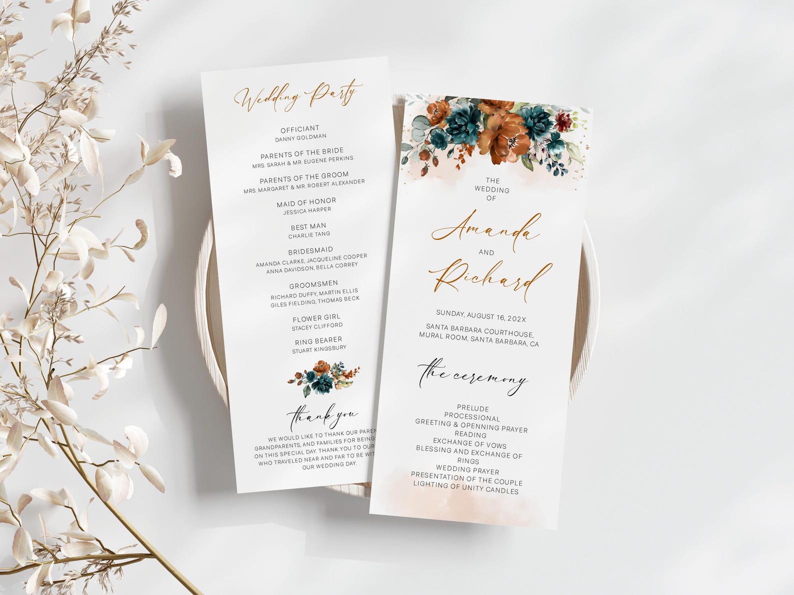 Burnt Teal Wedding Program Template, Orange Teal Wedding Program Orange Floral Program Template ...