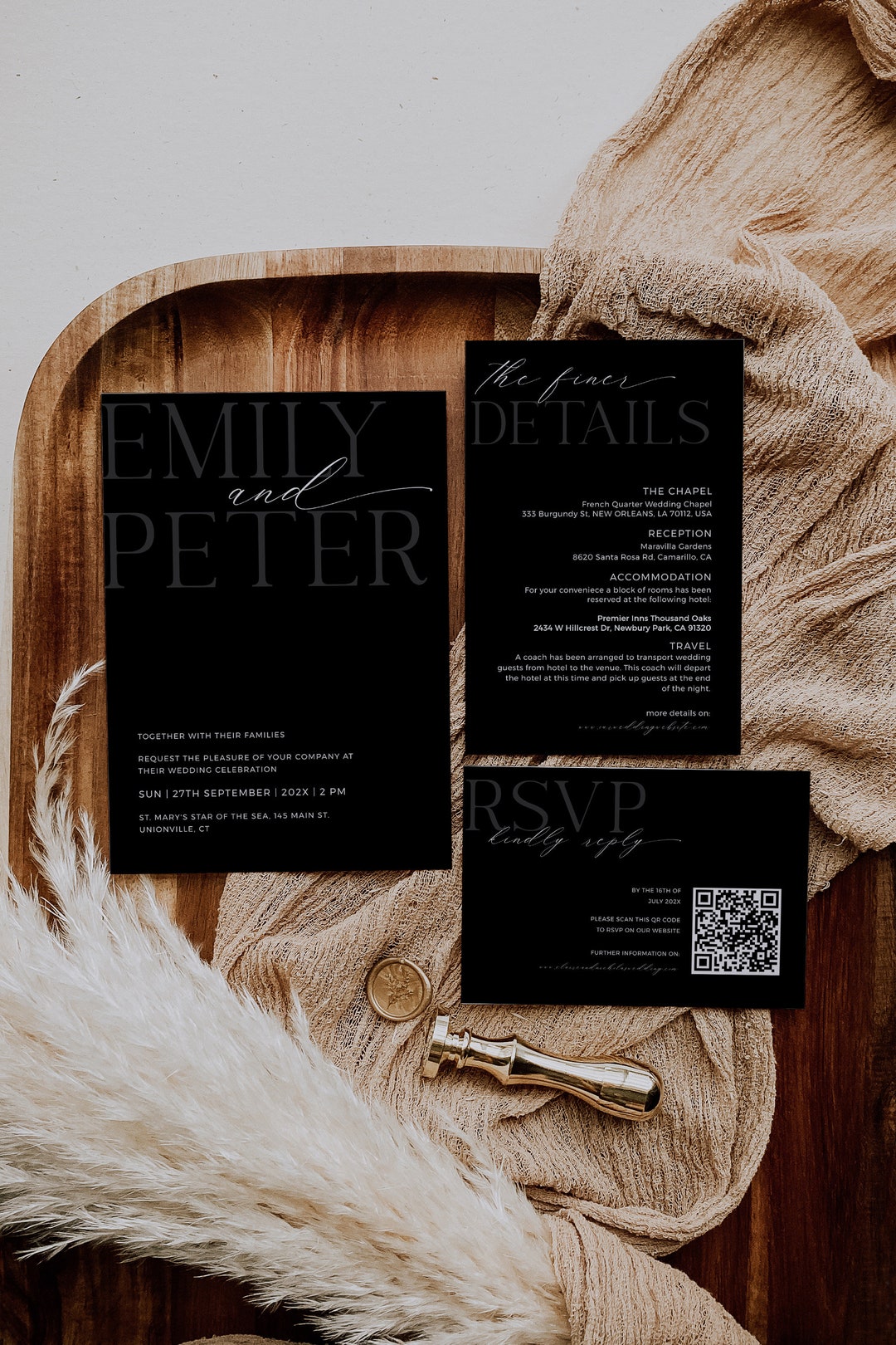 Black Wedding Invitation Templates Modern Black Wedding Invitation Set ...