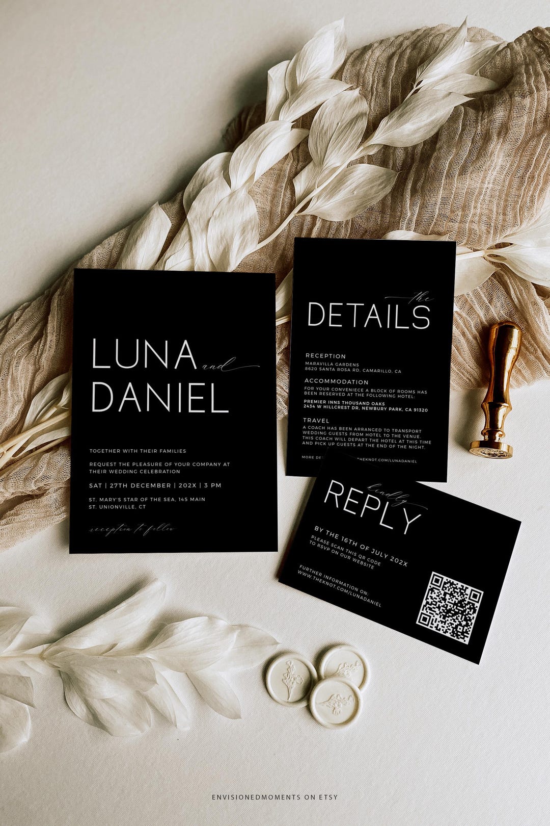 Black Wedding Invitation Template Suite, Black Wedding Invite Set Black ...