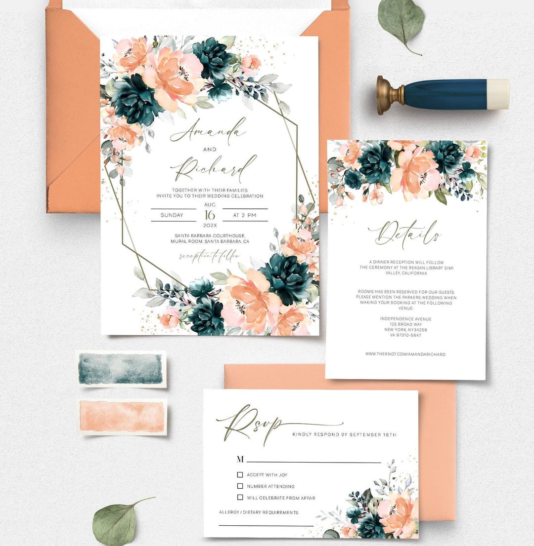 Peach Teal Floral Wedding Invitation Suite: Watercolor Floral Template ...