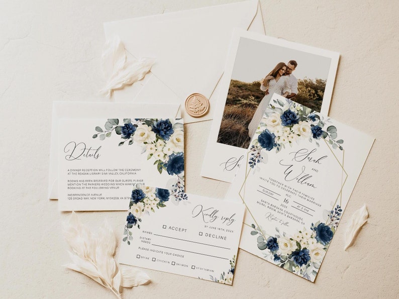 Wedding Invitation Suite Template Blue Navy Wedding Invite With Photo ...