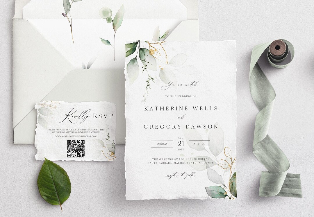 Greenery Wedding Invitation With QR Code, Editable Digital Download ...