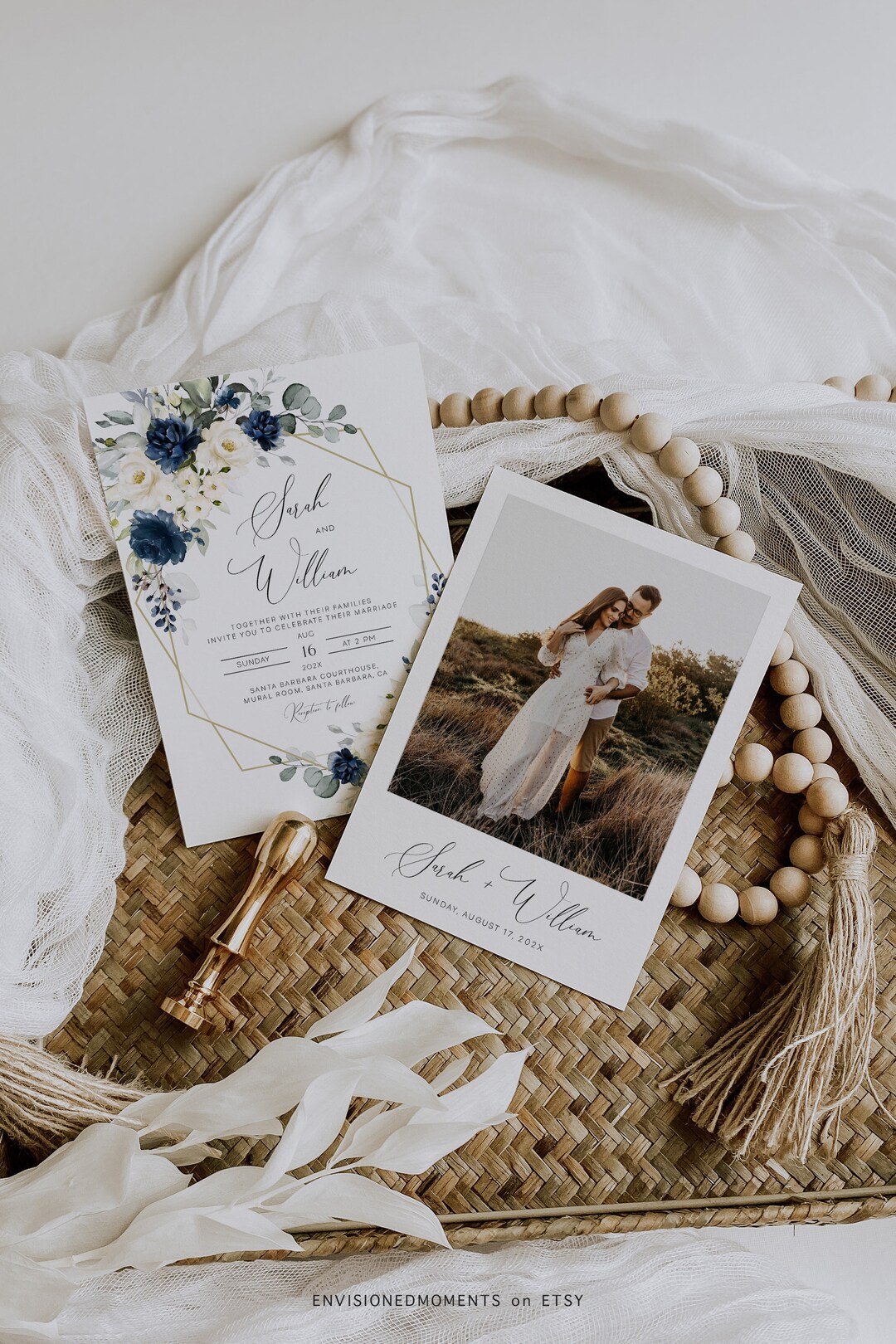 Blue Floral Wedding Invitation Template With Photo (digital Download ...
