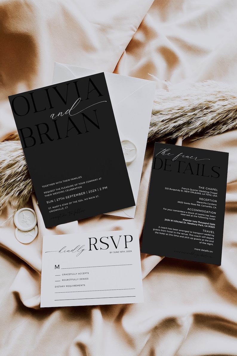 Black Wedding Invitation Suite Template: Minimalist Editable Design ...