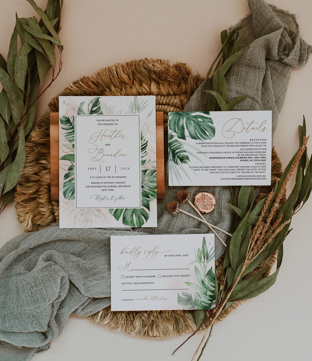 Monstera Wedding Invitation Suite Template Tropical Destination Wedding ...