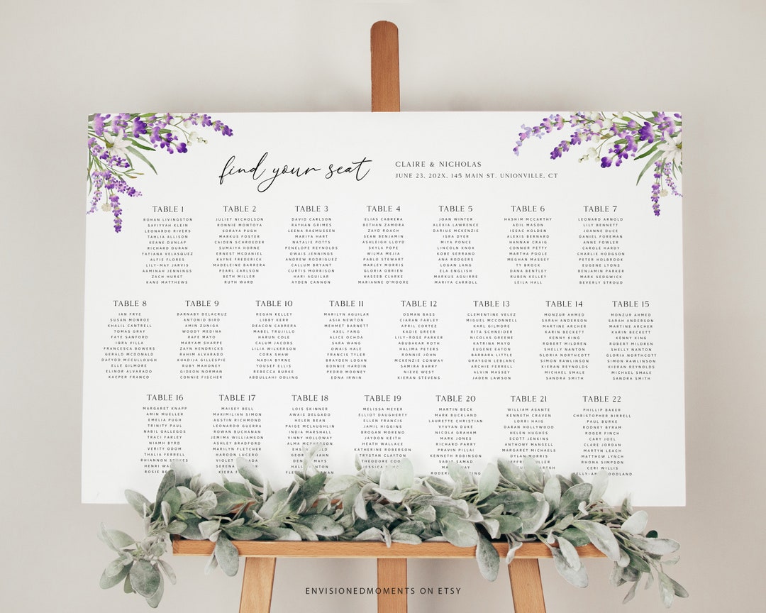 Wedding Seating Sign Template Lavender Seating Sign for 22 Tables ...
