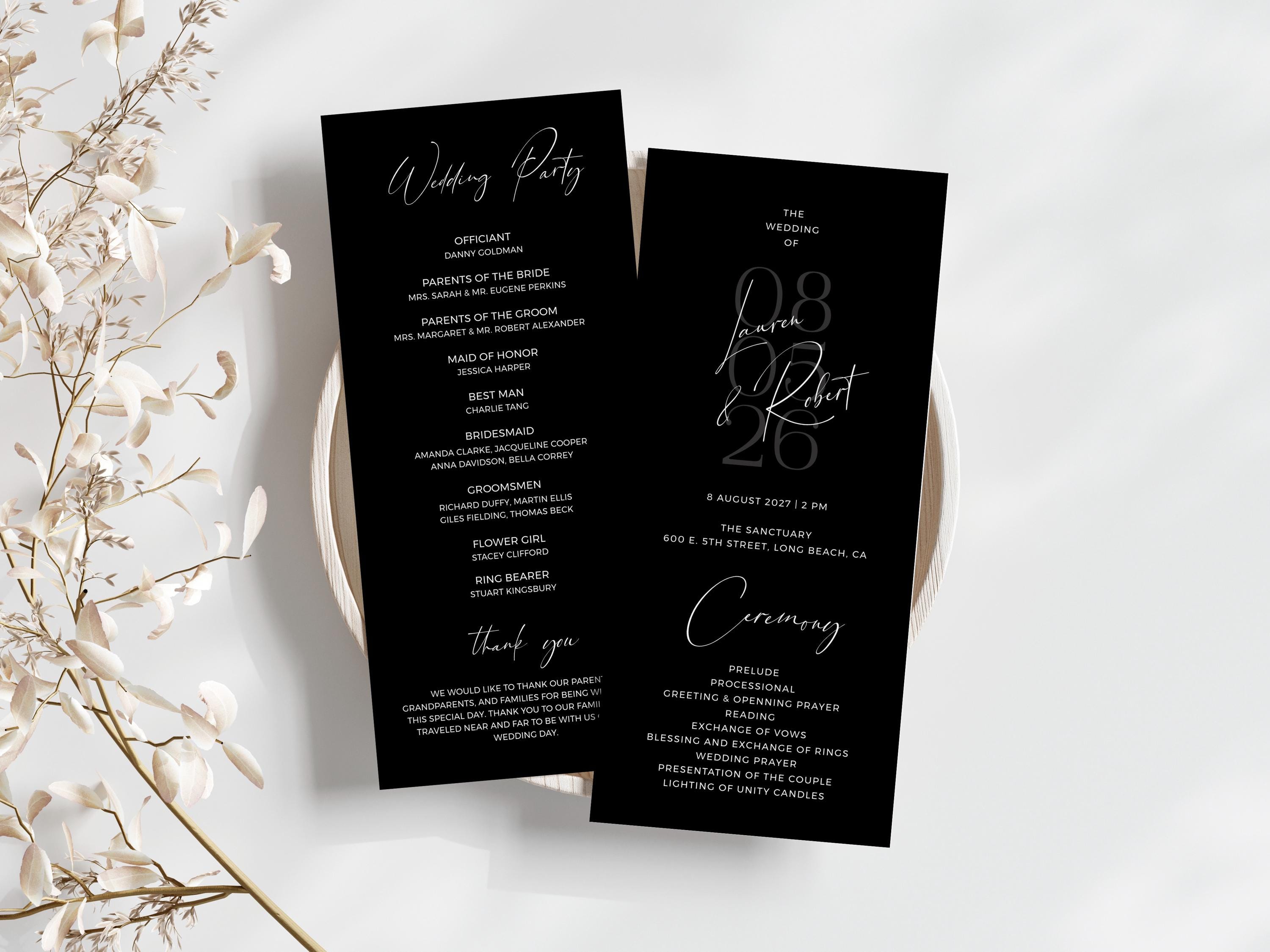 Black Wedding Program Template, Minimalist Wedding Program, Printable Wedding Program, Editable ...