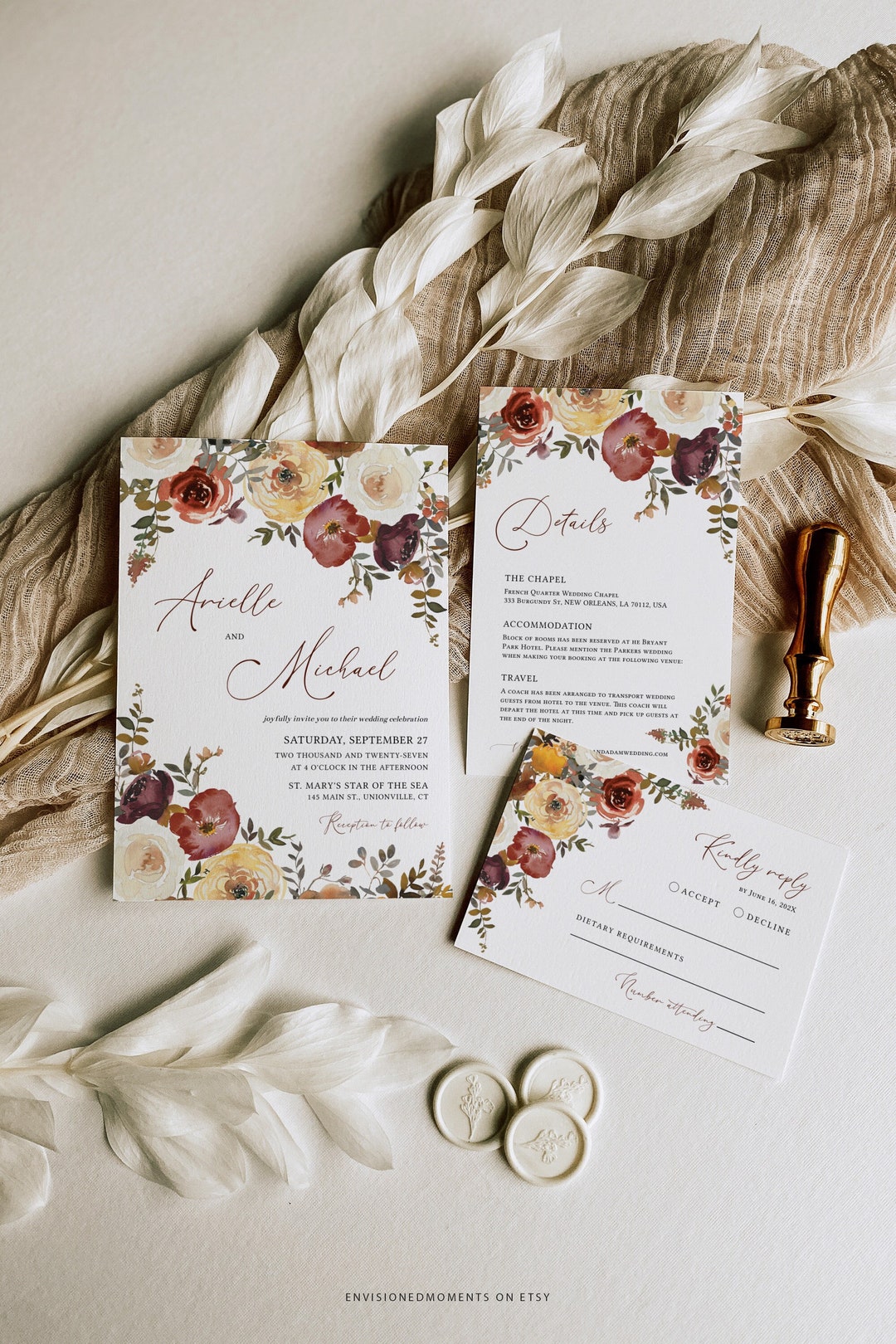 Rusty Burgundy Wedding Invitation Suite Template Fall Floral Wedding ...