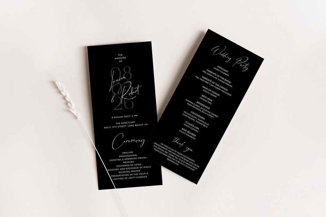 Black Wedding Program Template, Minimalist Wedding Program, Printable ...