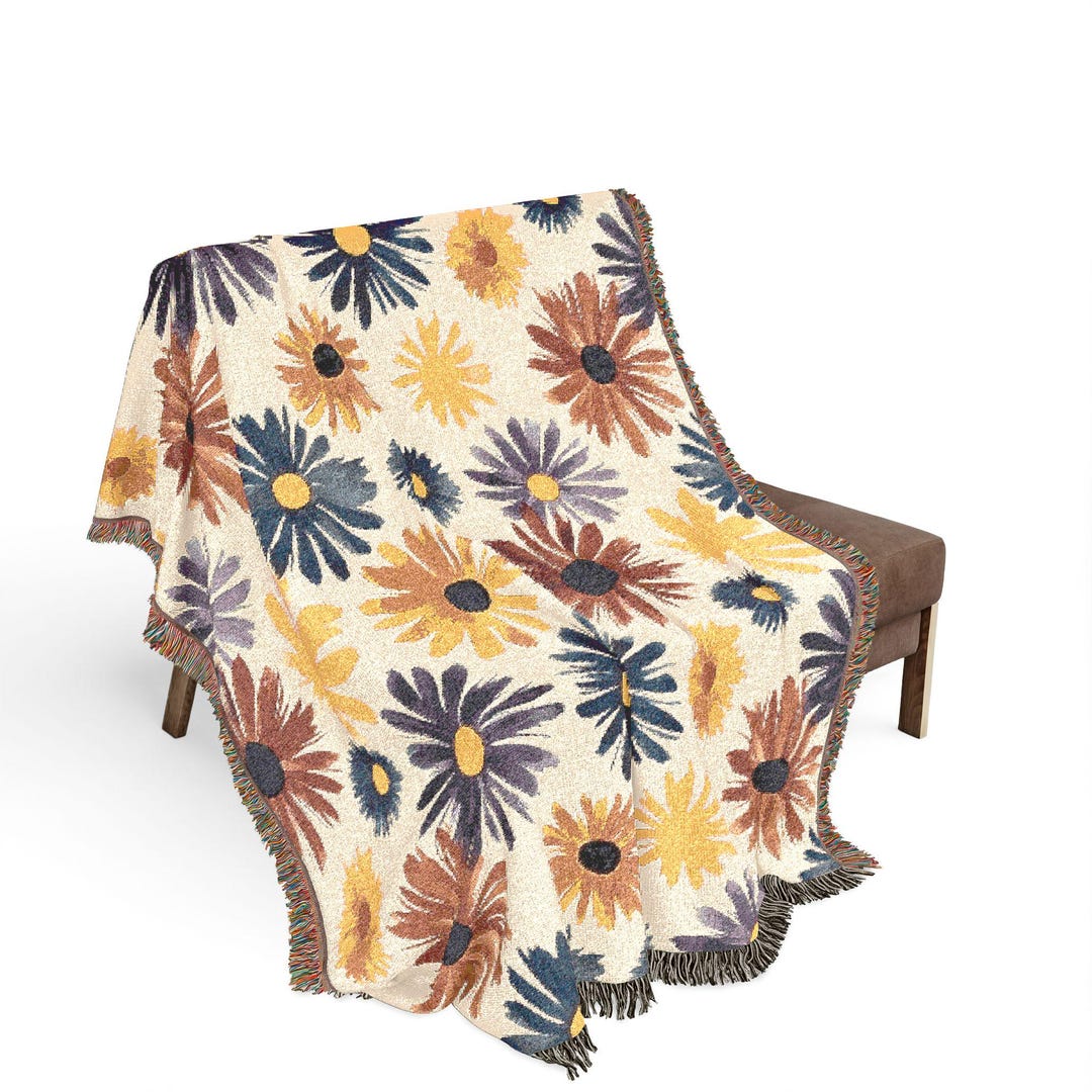 Vintage Mid Century Inspired Retro Flower Woven Blanket, Vintage Floral ...