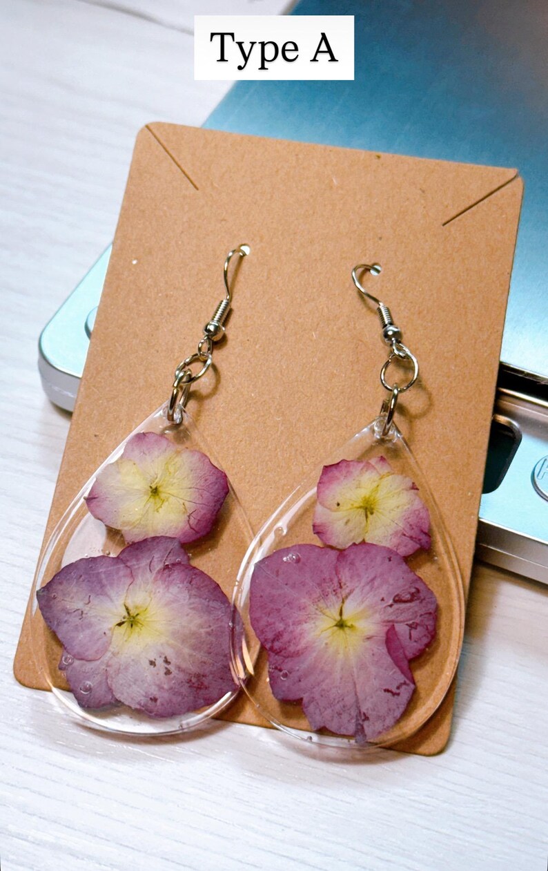 Limited Edition Real Pressed Hydrangea Earrings, Handmade Resin Floral ...