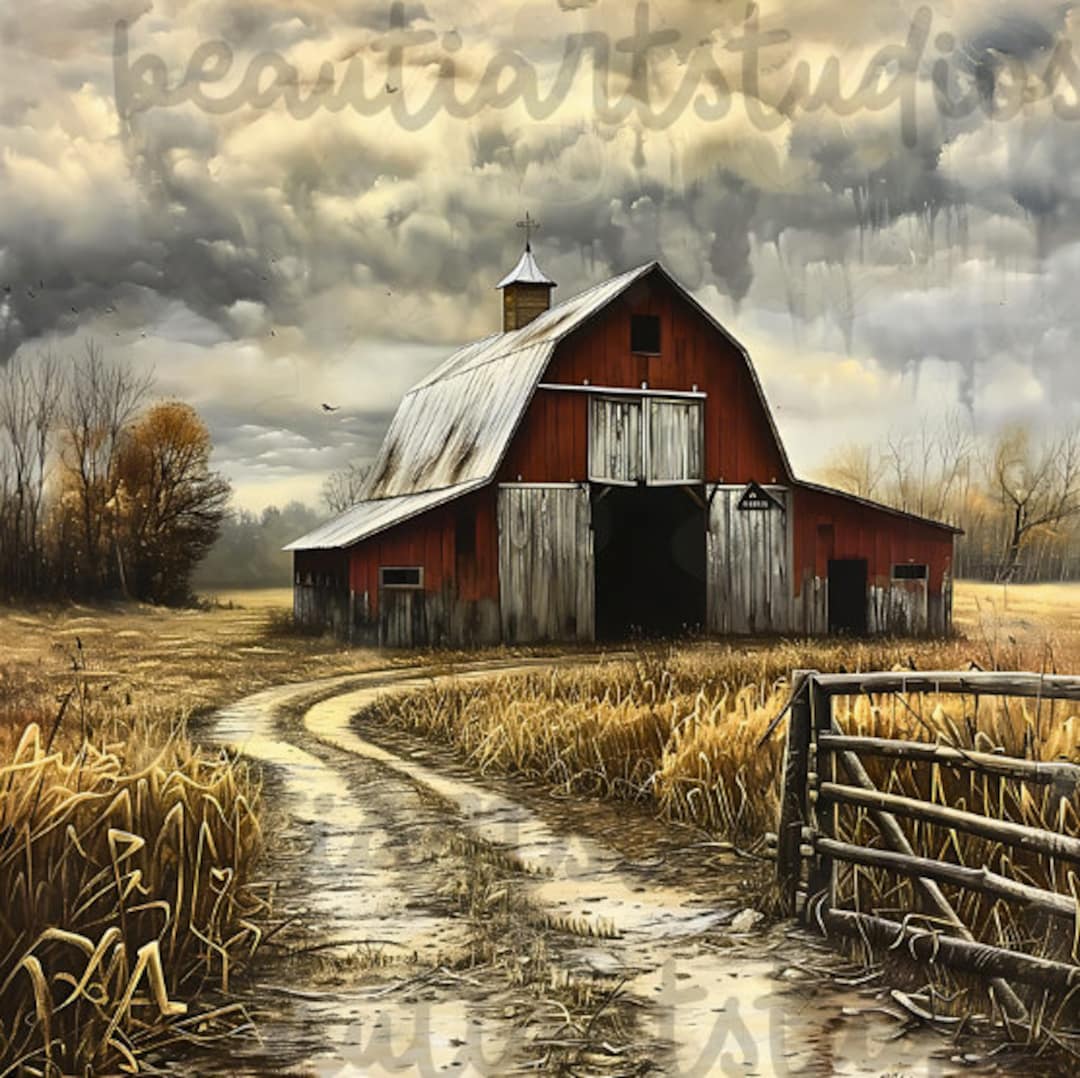 Rustic Old Red Barn Farm Scene PNG File for Sublimation Crafting ...