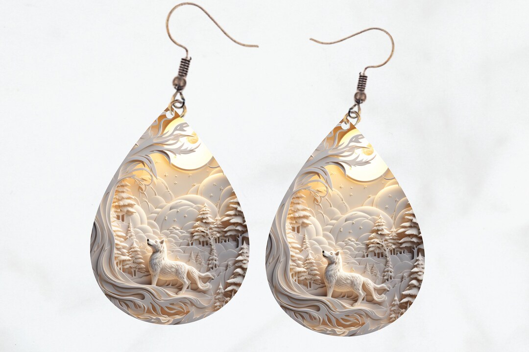 3D White Wolf Teardrop Earrings, Sublimation Design (digital Download ...