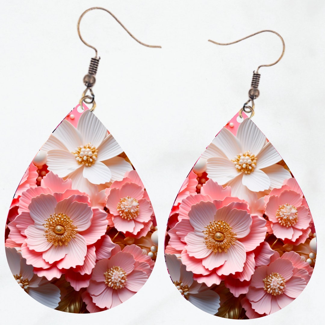 3D Pink and Gold Floral Teardrop Earings PNG Tear Drop Design Jewellery ...