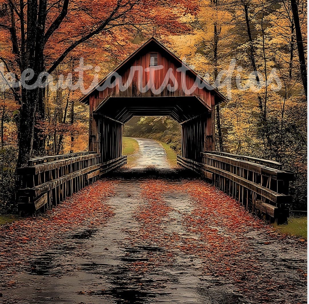 Autumn Red Covered Bridge Fall Scene PNG File Sublimation Crafting ...