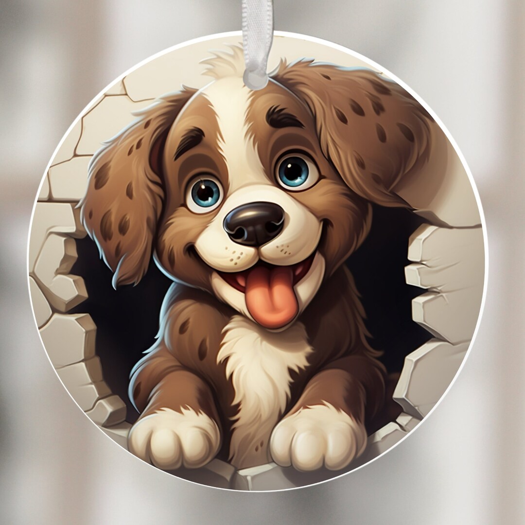 3D Cute Dog Break Through the Wall Decals Animal Ornaments Round ...