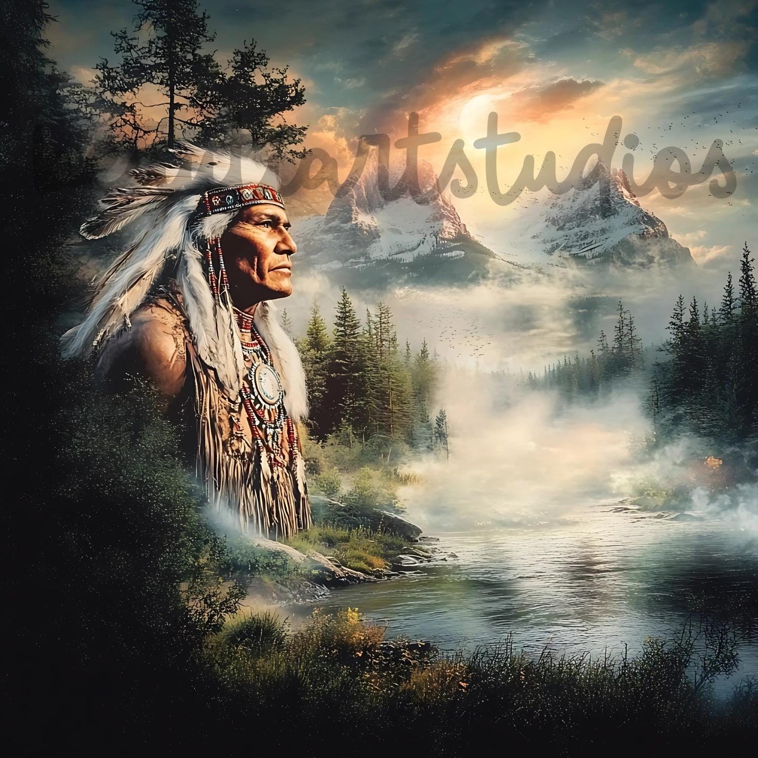 Native American Indian Chief Nature Scene PNG File Crafting Digital ...